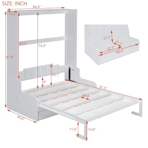 Murphy Bed Queen Murphy Bed with Cushion Under the Chair, Queen Size Murphy Bed Cabinet Bed, Wood Queen Wall Bed, Hidden Murphy Bed, Horizontal Murphy Bed for Guest Bedroom Apartment Studio Use, White