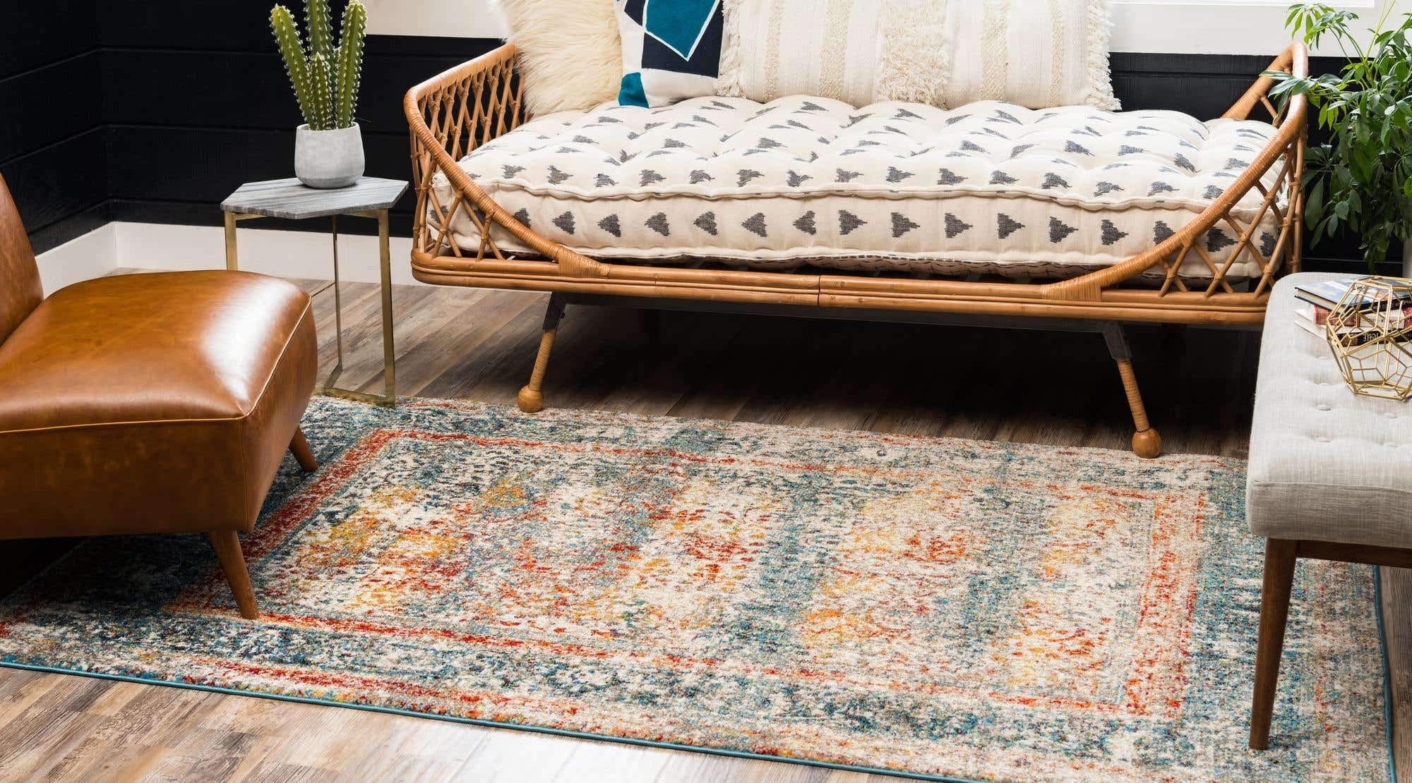 Unique Loom Rosso Collection Vintage, Traditional, Bohemian, Border, Distressed, Southwestern Area Rug, 5' 0" x 8' 0", Blue/Ivory