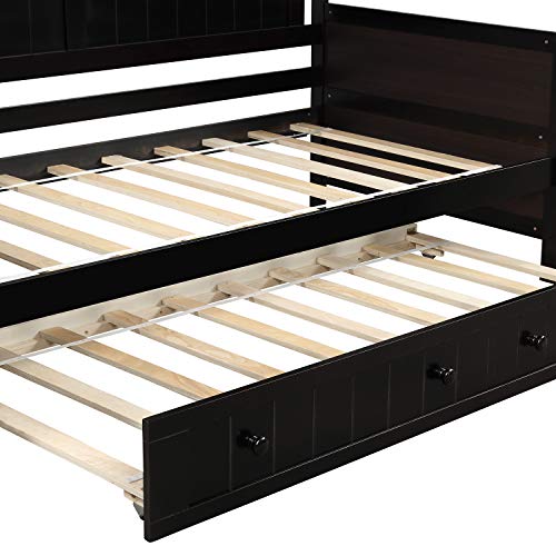 Lepfun Twin Size Wooden Daybed with Trundle, No Box Spring Needed Sofa Bed w/Slats Support, Classic and Simple Platform Bedframe for Bedroom, Living Room, Space Saving Furniture, Espresso