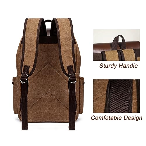 lulusnie Canvas Laptop Backpack Vintage Backpack for Men Women, College Computer Backpack Fits 15.6 Inch Laptop, Vegan Leather Daypack Work Travel Bookbag, Brown