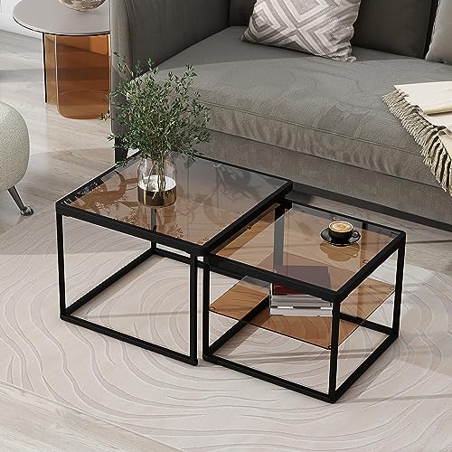 Modern Nested Coffee Table Set with High-Low Combination Design,Adjustable 2 Tier Living Room Center Table and end Table with Metal Frame and Brown Tempered Glass. (Black~Metal Frame)
