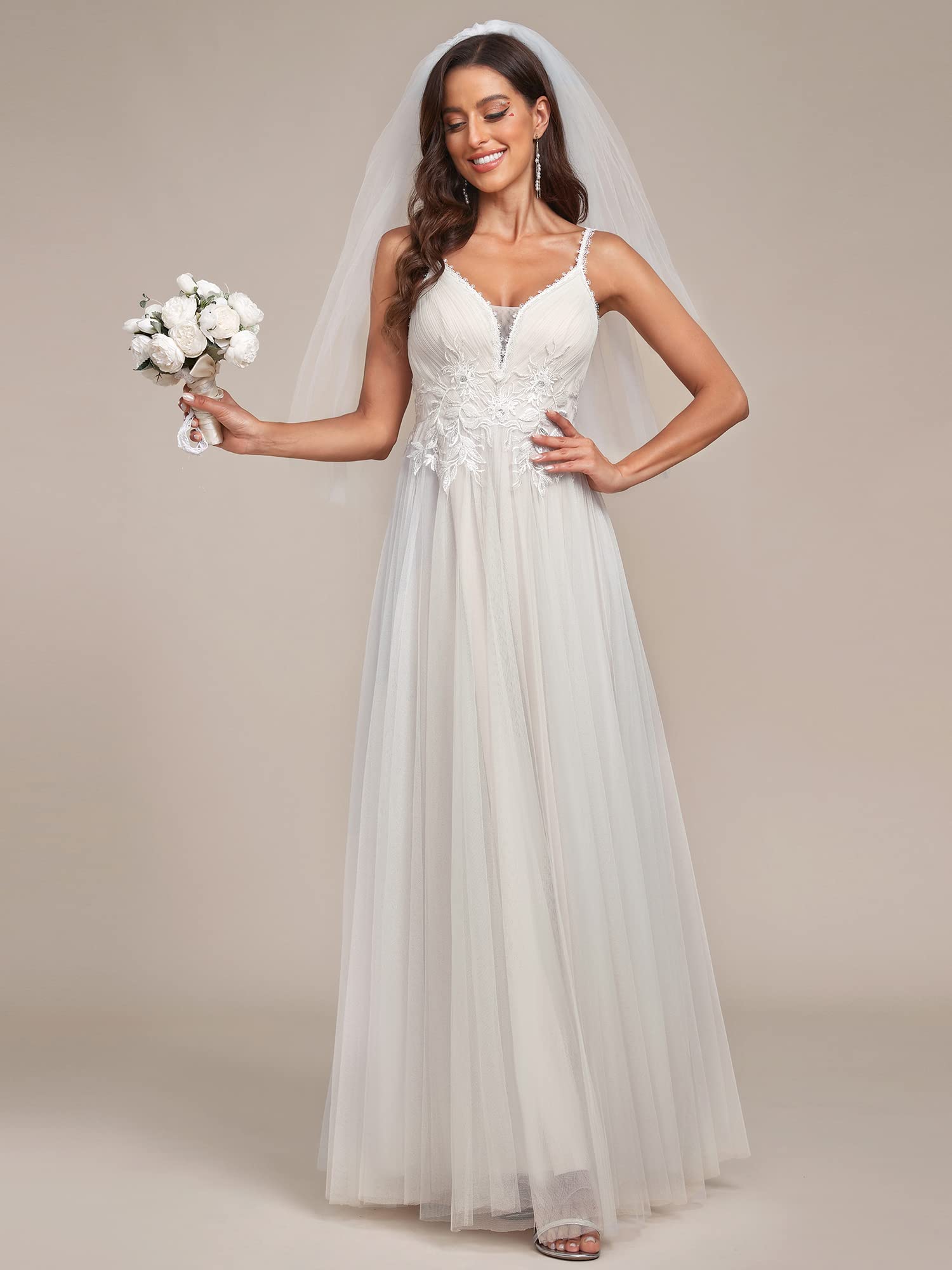 Ever-Pretty Women's Ruched Tulle Embroidered Lace Long Summer Evening Party Dresses for Wedding White US16