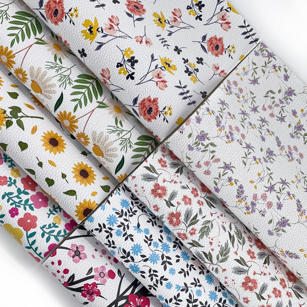 HYANG 8 PCS A4 Small Floral PU Faux Leather Sheets 8"x 11.81" (21 cm X 30 cm), Faux Leather Fabric Very Suitable for Leather Earrings, Bows, Handbag, Sewing, Crafts Making