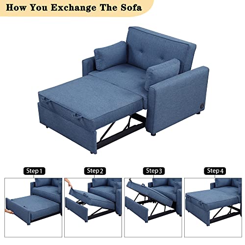Tdewlye Versatile 48" Convertible Sleeper Sofa Bed with Adjustable Bed Chair,USB Charging Port and 2 Pillows,for Small Space Apartment Office Living Room (Blue#USB)