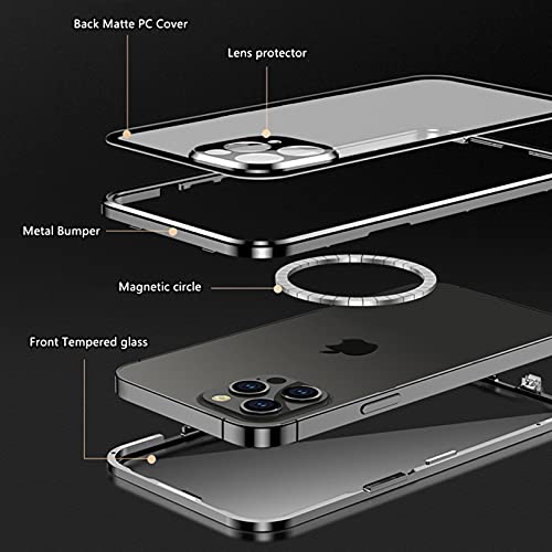 Jonwelsy Case for iPhone 13 Pro Max, 360 Degree Double-Sided Protection Compatible with Magsafe Magnetic Adsorption Metal Bumper Front Tempered Glass Back Frosted PC Cover for 13 Pro Max 6.7" (Blue)