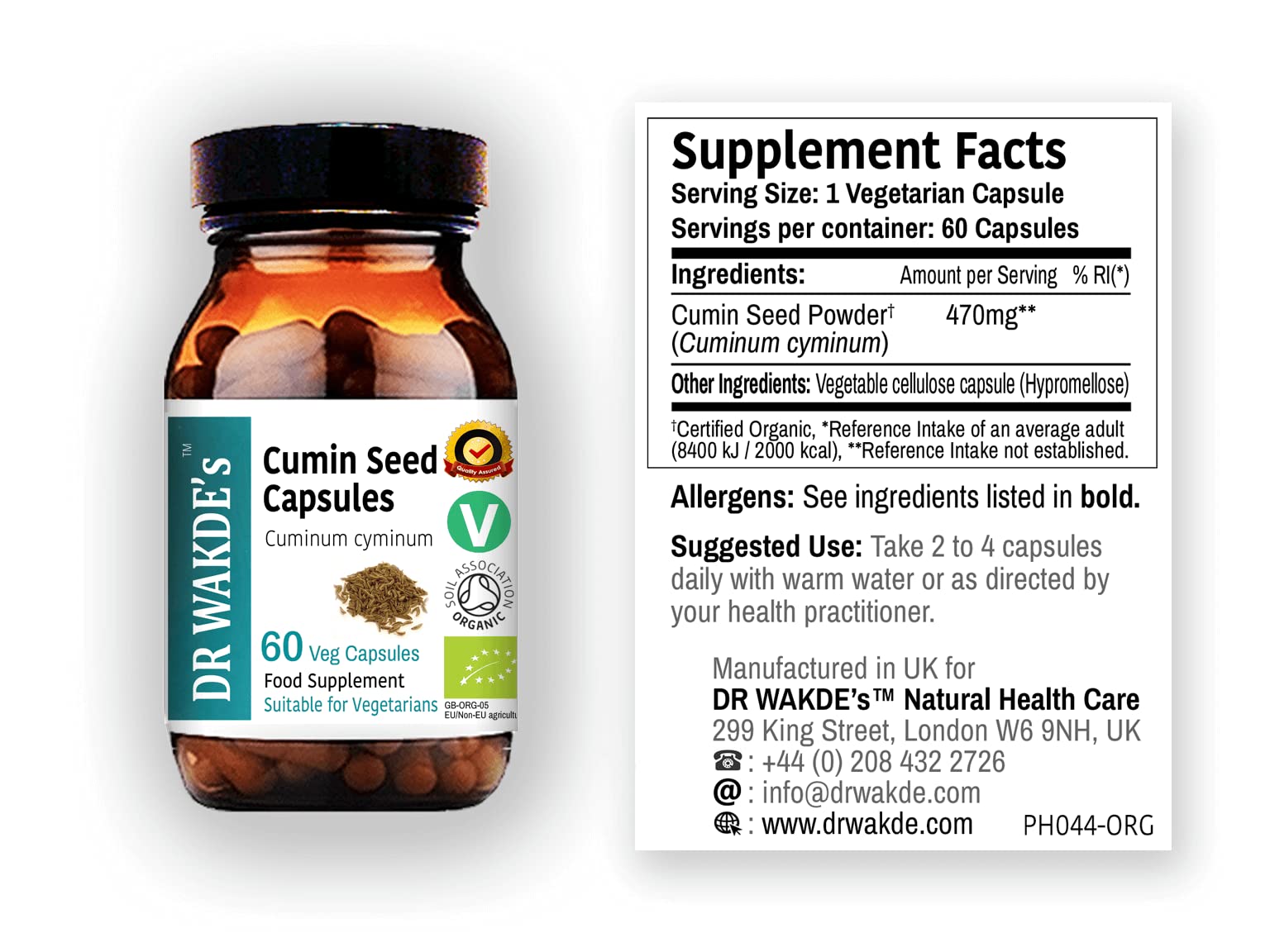 DR WAKDE'S Organic Cumin Seed Capsules, Organic | 60 Veg Caps | Ayurvedic Supplement | Vegan | 100% Herbal | Quantity Discounts | Same Day Dispatch