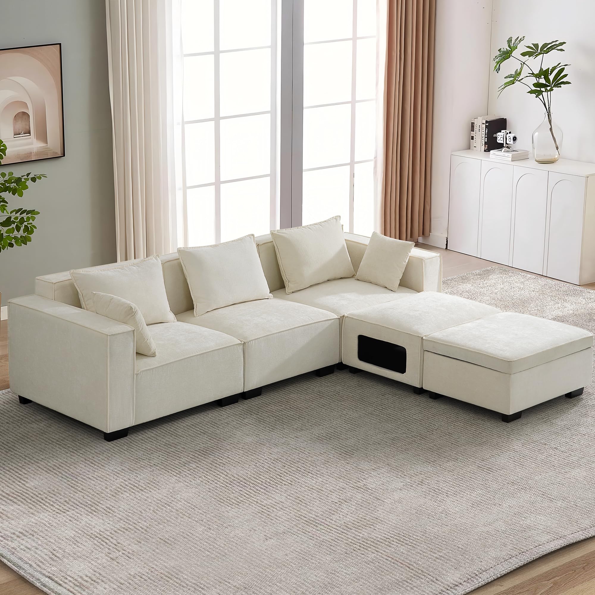 MEROUS Modular Sectional Sofa 108.6" Oversized U Shaped Sofa Couch with Storage&Cathole Ottoman 5 Seat Modern Sofa Couch for Living Room,Washable Pillow Cover (Chenille, White)