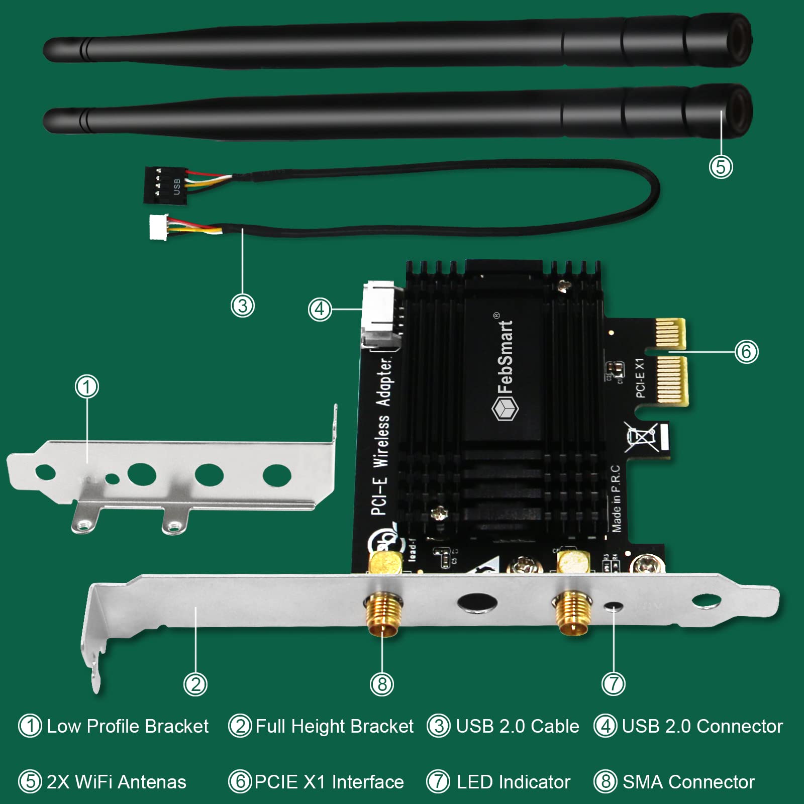 FebSmart WiFi 6E 5400Mbps Tri-band PCIE WiFi Card for Windows 11, 10 64bit and Linux Kernel 5.1 Desktop PCs, 2.4GHz 574Mbps, 5GHz 2400Mbps and 6GHz 2400Mbps for Gaming, Intel WiFi 6E AX210NGW (AX5400)