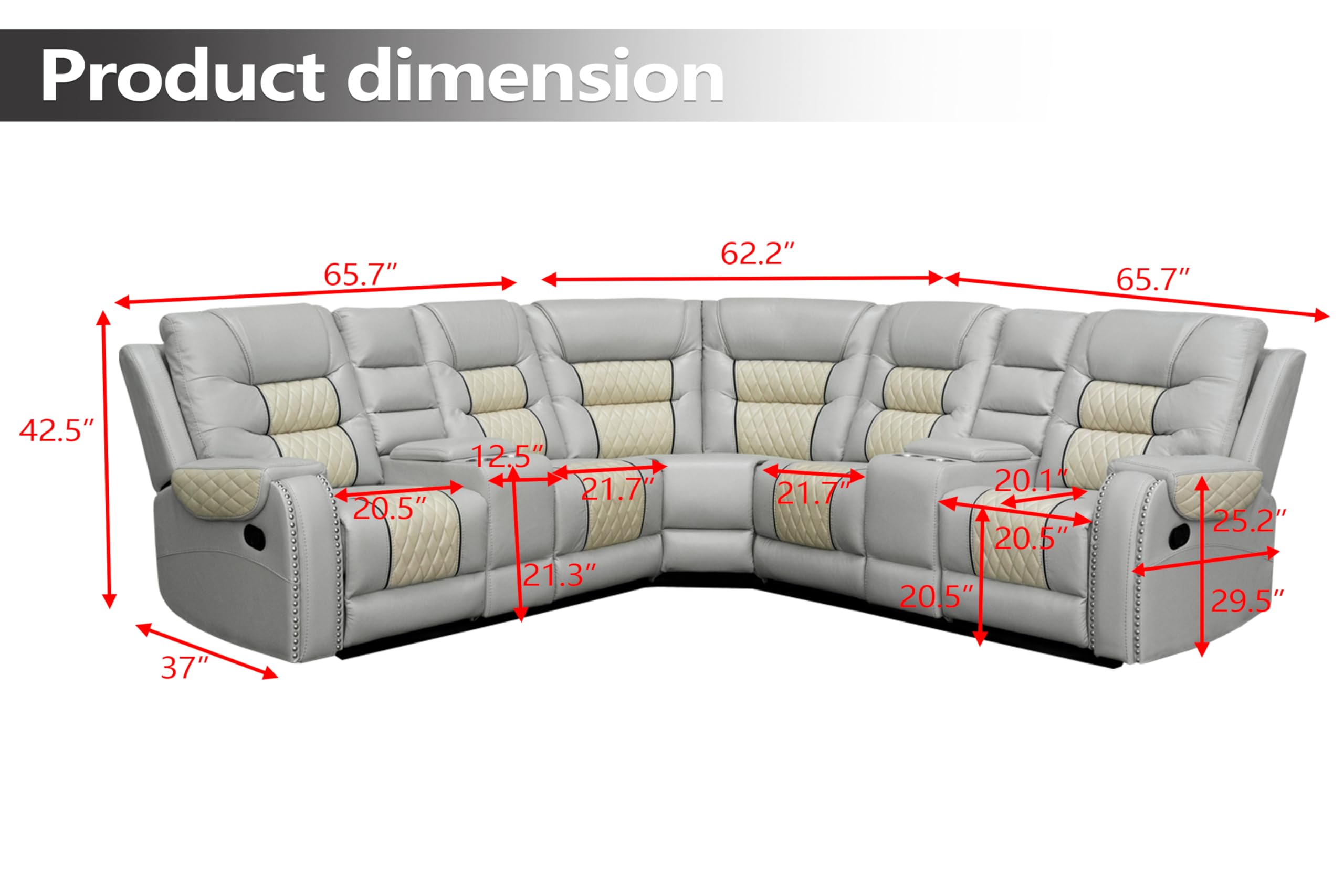Hybition Manual Recliner Sectional Sofa Set with Cup Holders & Storage Box PU Leather L-Shaped Couch for Living Room Brown