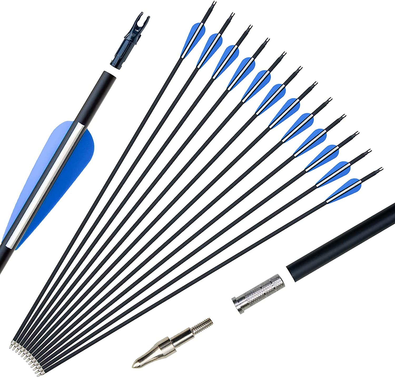 D&Q Carbon Arrow Hunting Arrows, with 100 Grain Removable Tips Target Practice Arrows for Archery Compound & Recurve Bow (Blue+White)