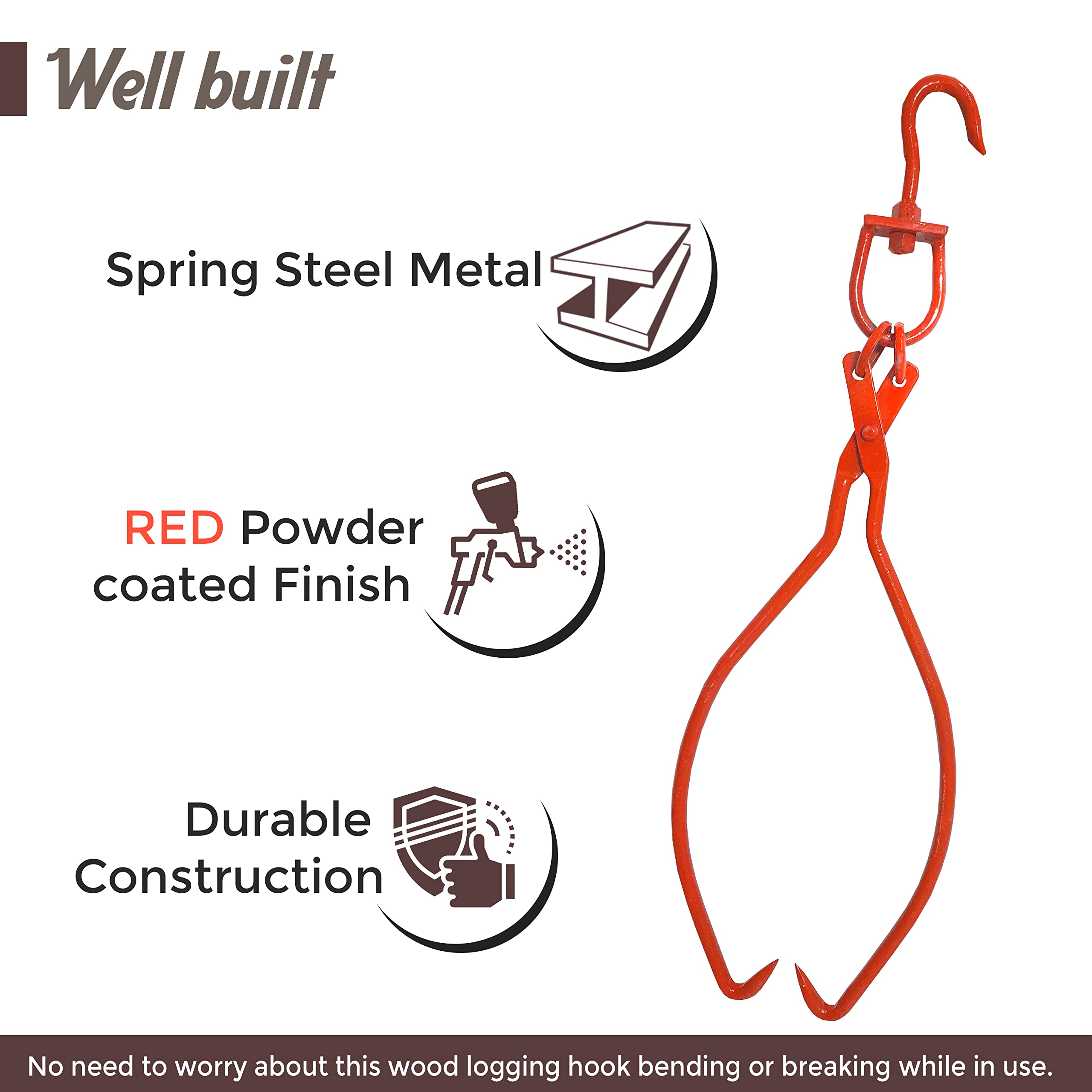 FEBTECH - Log Skidding Tongs 32-inches- Single Swivel Grab for Handling, Dragging & Carrying Logs, Heavy Duty Log Lifting Tongs, Heavy Duty Timber Claw Grappling Hook, Red
