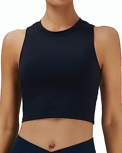 Oalka Women's High Neck Longline Sport Bras Padded Workout Crop Tops Yoga Tank Tops Black XXL