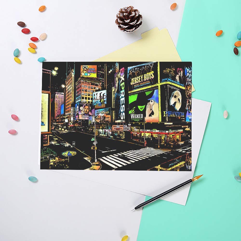 Scratch Painting Kits for Adults & Kids, Rainbow Painting Night View Scratchboard(A4), Crafts Set: 8 Sheets Scratch Cards with 6 tools in Bag - New York, Statue of Liberty, Seattle(America / Europe)