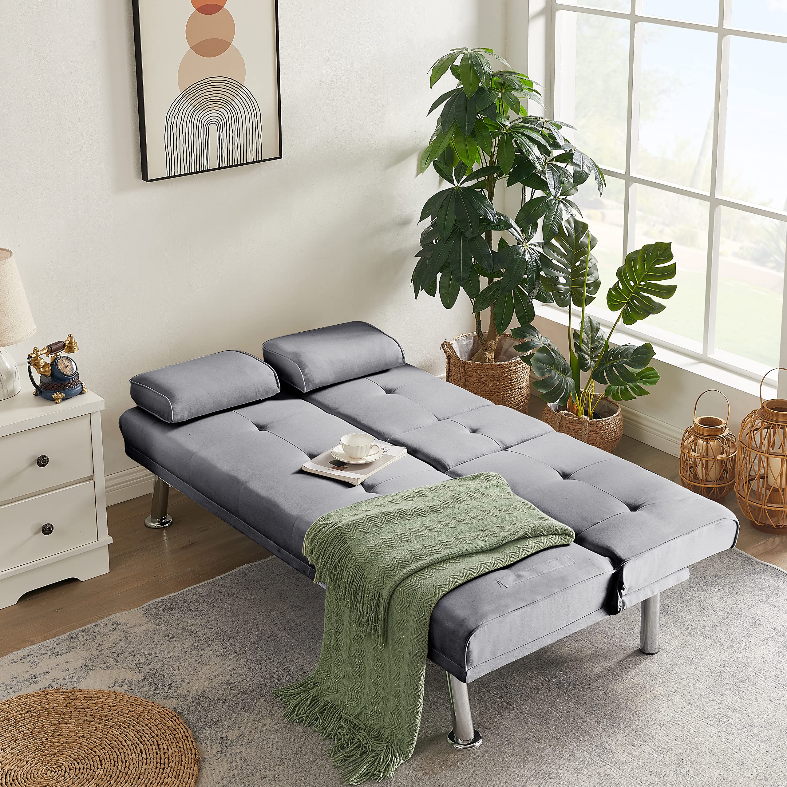 Eafurn Button Tufted Convertible Futon Sofa Bed, Linen Upholstered Loveseat Couch, Modern Folding Sofabed with Cup Holders and Golden Legs, Reclining Small Guest Daybed for Living Room, Dorm