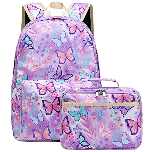 OctSky Backpack for Girls Kids Backpack Elementary Bookbags Teens Middle School Backpack with Lunch Box Water-repellent Lightweight Butterfly Purple