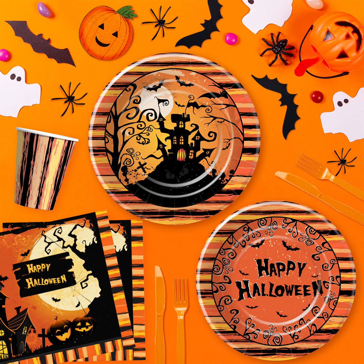 HIPVVILD Halloween Decorations Tableware - Halloween Party Supplies Include Halloween Plates, Napkins, Cups, Tablecloth, Disposable Cutlery, Straws, Halloween Party Decorations Dinnerware | Serves 24