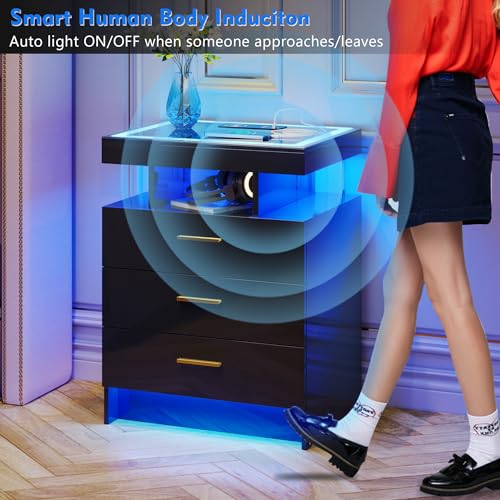 Lvifur 2 Set Nightstands with Wireless Charging Station, Auto Sensor 3 Color Dimmable LED Night Stand, Modern Bedside Table with 3 Drawers & 3 Open Compartments (2 x Black)
