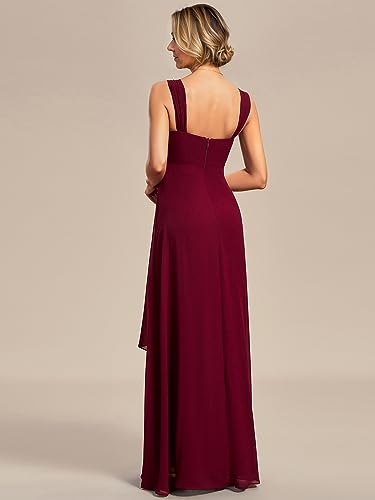 Ever-Pretty Women's Asymmetry Hem Chiffon Crystal Pleated Maxi Evening Dress with Brooch Burgundy US10