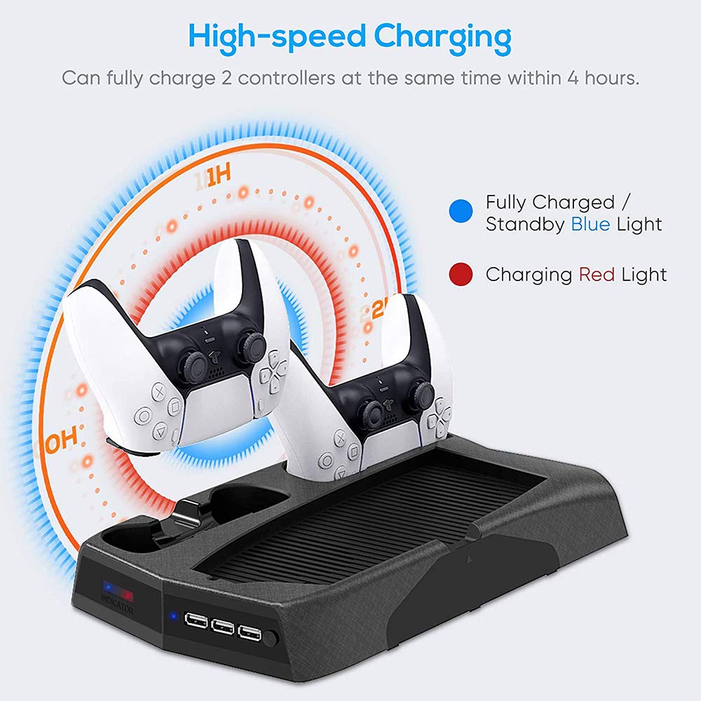 DAHAKII PS5 Vertical Stand with Cooling Fan for PS5 Digital Edition/Ultra HD Charging Dock Station with 14 Retractable Game Slots/PS5 Dual Controller Charger Ports