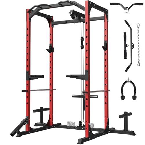 Mikolo Power Cage, Power Rack with LAT Pulldown, 1200 Pounds Capacity Workout Cage with More Training Attachments, Squat Rack for Home Gym, F4-301