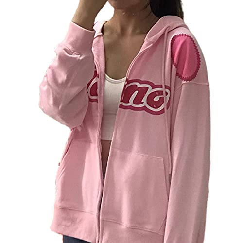 NUFIWI Women Graphic Printed Oversized Y2K Sweatshirt Zip Up Long Sleeve Hoodies Aesthetic Jacket Streetwear with Pockets ďźPink, L