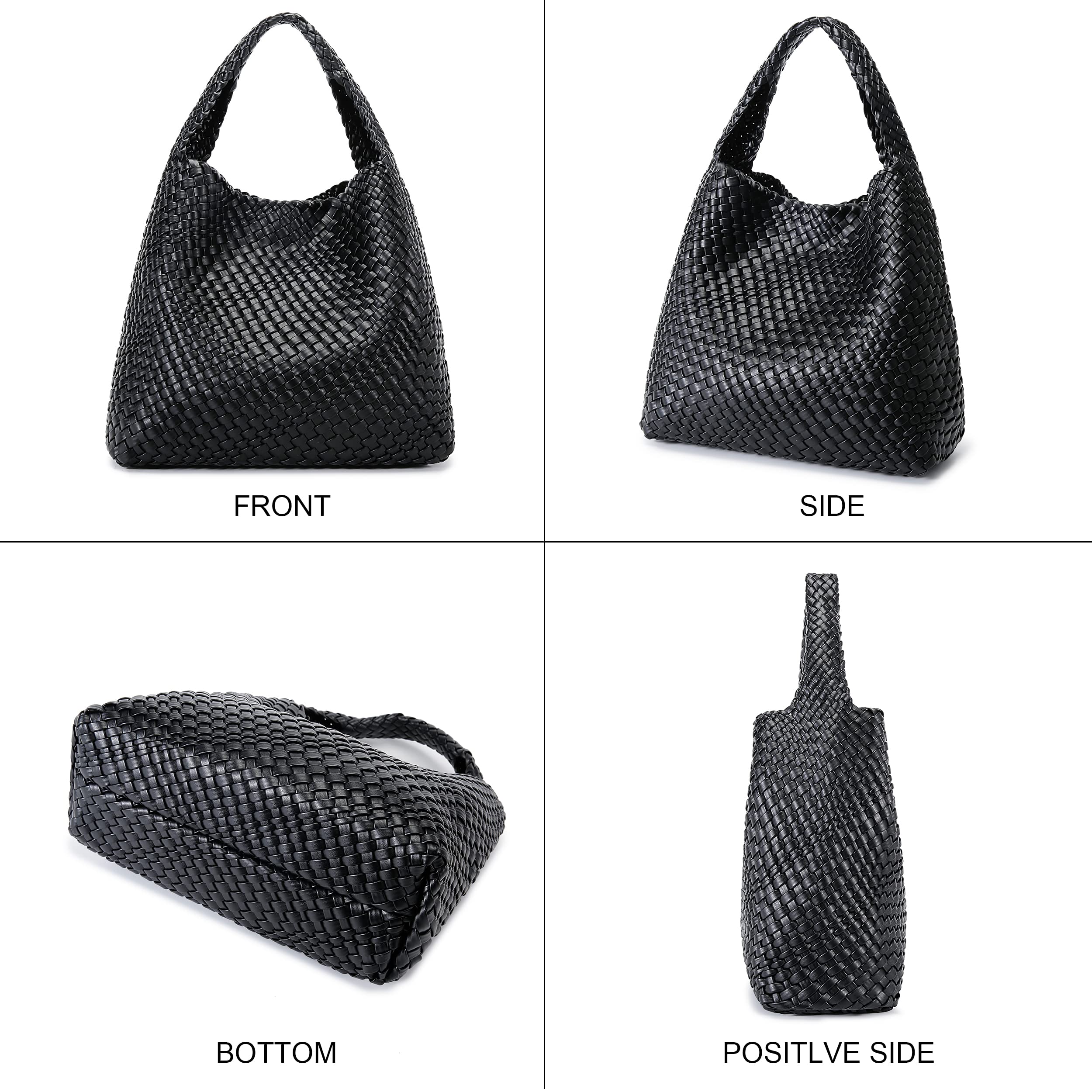 Fashion Woven Purse for Women Top-handle Shoulder Bag Soft Summer Hobo Tote Bag (Black)