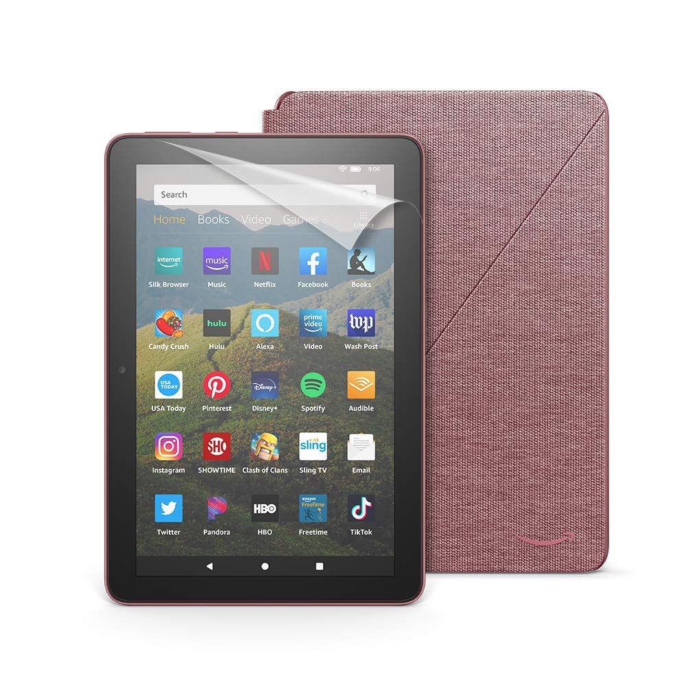 Fire HD 8 Essentials Bundle including Fire HD 8 Tablet (Plum, 32GB) Ad-Supported, Amazon Standing Case (Plum), and Nupro Clear Screen Protector