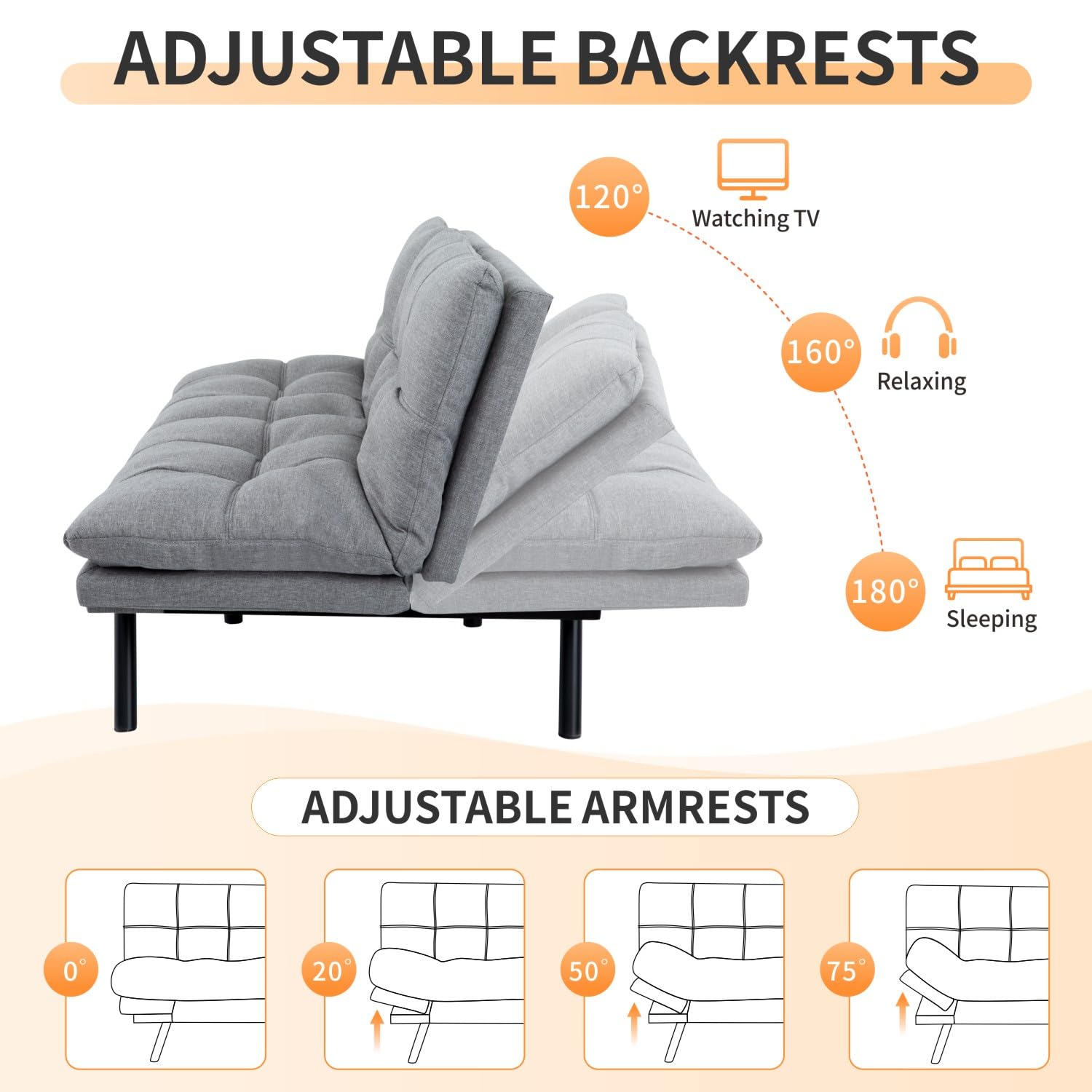 MUUEGM Futon Sofa Bed Couch,Memory Foam Futon Convertible Sofa Bed, 71″Fabric Futon with Convertible Backrest,Modern Loveseat Sofa,Sleeper Couch for Compact Space,Apartment,Living Room,Light Grey