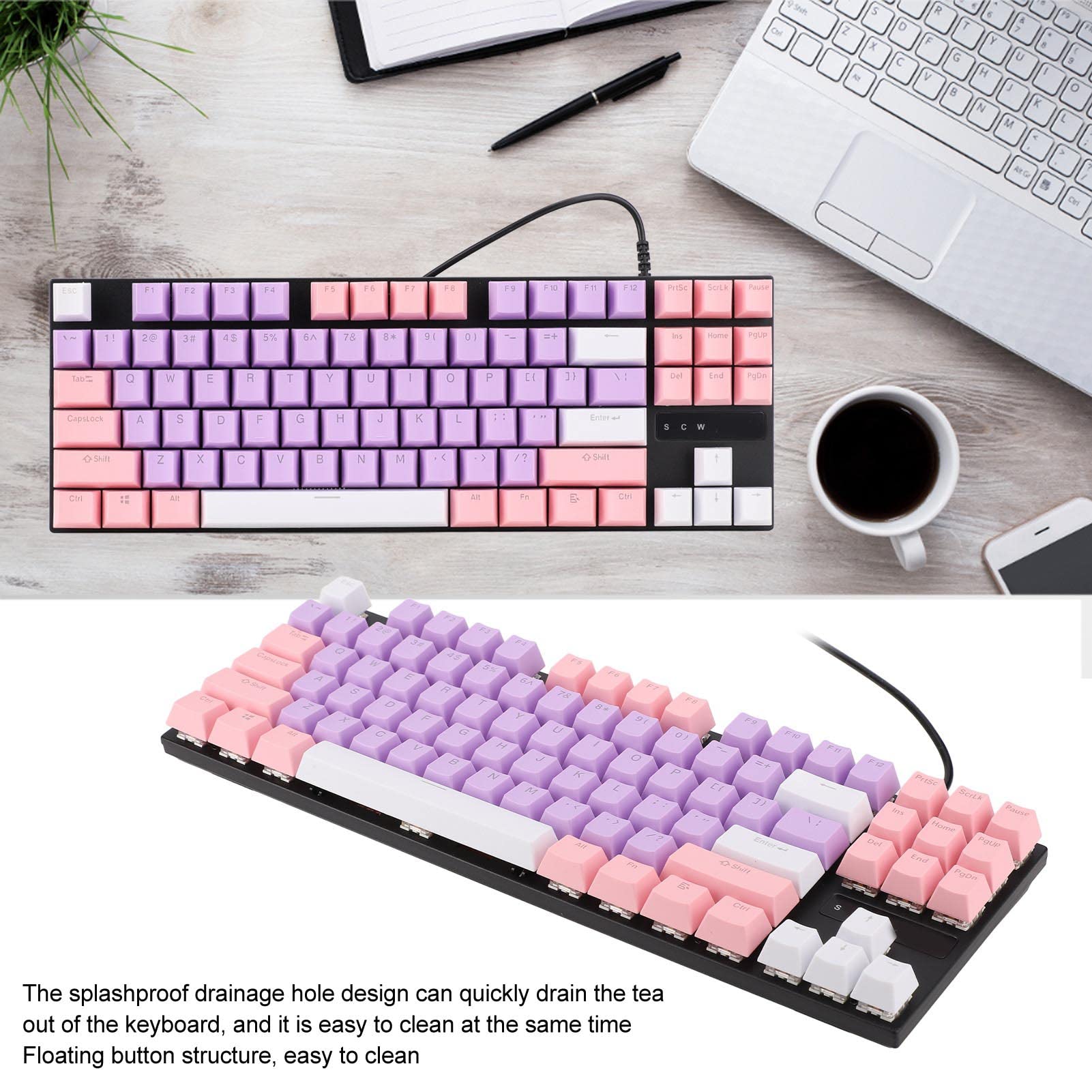 LBEC Mechanical Gaming Keyboard, Gaming Keyboard All Key Conflict Free 26 RGB Lighting Effects Blue Switch Waterproof for PC (Purple Pink White)