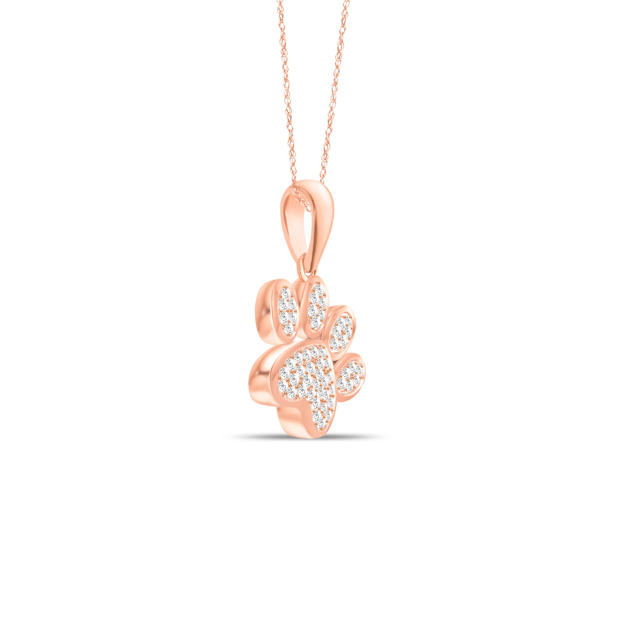 Diamond2Deal 10K Rose Solid Gold Diamond Dog Paw Print Pendant Rope Chain Necklace for Women 18inch (1/8Ct/ I2,H-I)