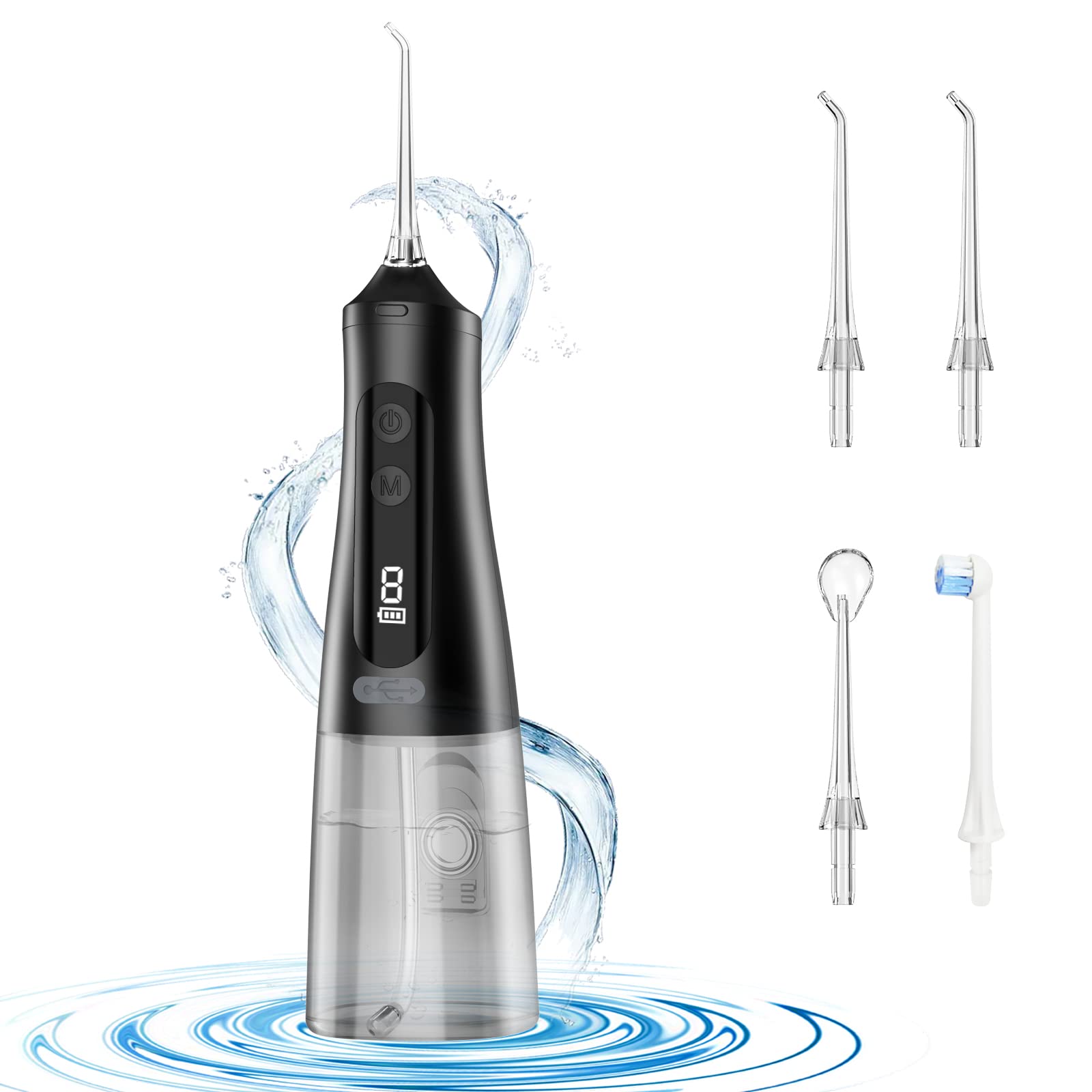 LVLAM Water Flosser Portable Dental Oral Irrigator with 9 Modes, 4 Replaceable Jet Tips, Rechargeable Waterproof Teeth Cleaner for Home and Travel -350ml Detachable Reservoir (Black)