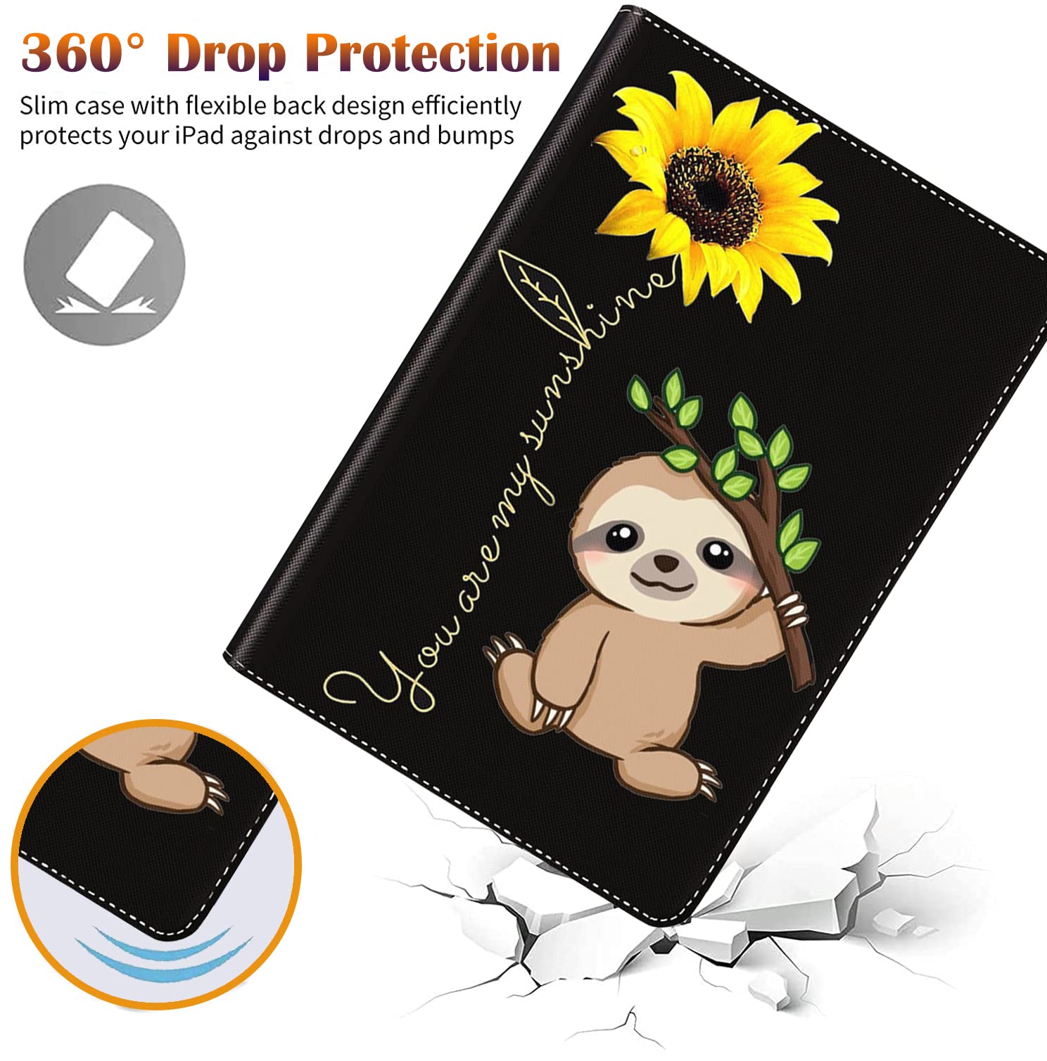 for iPad 10.2/10.5Case,with Coaster Adjustable Stand Auto Wake & Sleep Smart Cover for iPad 9th / 8th / 7th Generation (2021/2020/2019) 10.2 inch/iPad Air 10.5" 2019 - Sunflower and Sloth (Pen Bag)