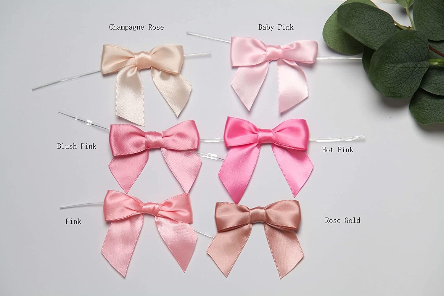 RainbowPana 50 Pack 4.5" Twist Tie Bows, Luxury Baby Pink Satin Ribbon Pretied Bows, Premade Craft Decoration for Package
