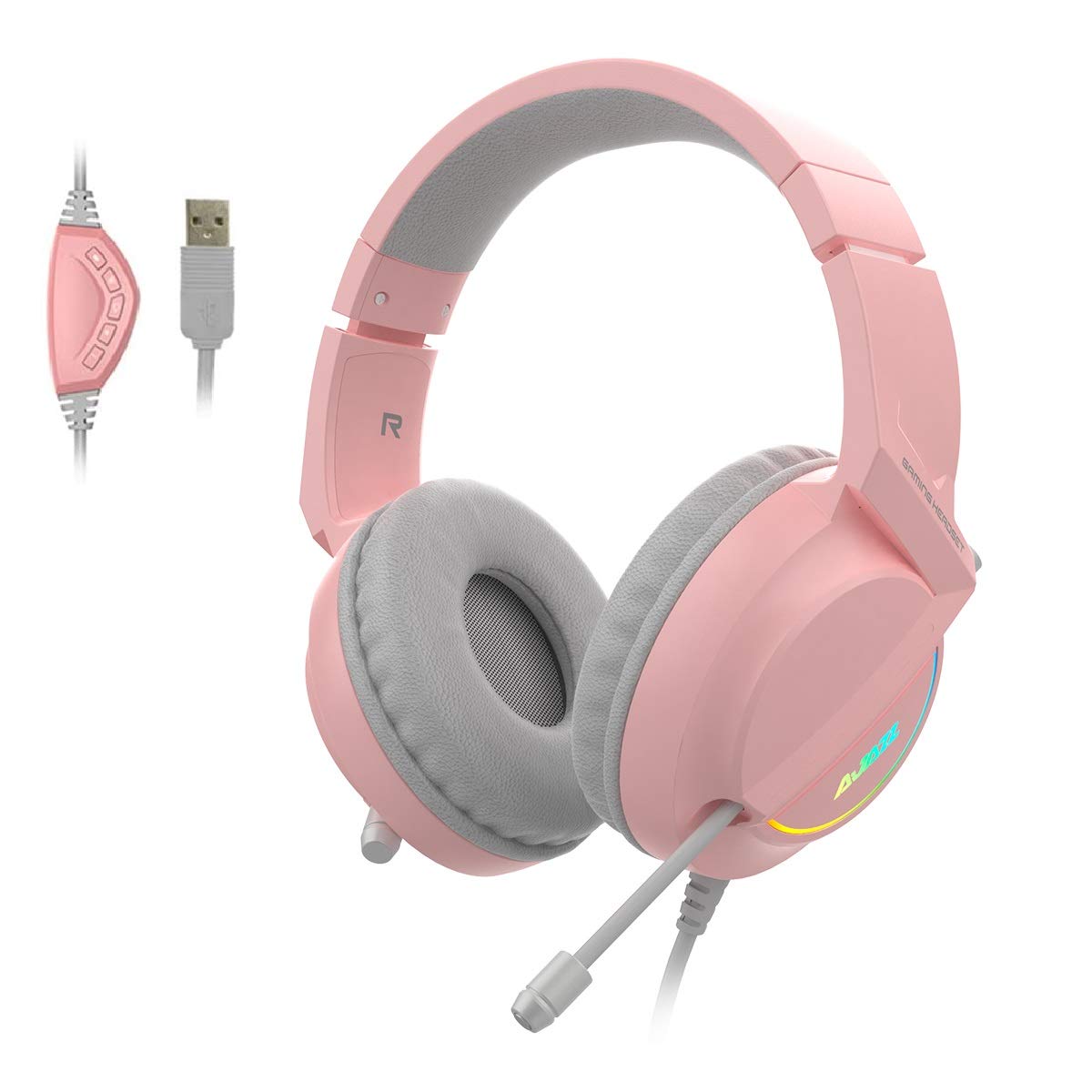 FIRSTBLOOD ONLY GAME. AX365 Gaming Headset, 7.1 Stereo Surround Sound, Independent Wire Control, Retractable Noise Canceling Mic, Over Ear Headphone, LED Light Soft Memory Earmuffs, Pink