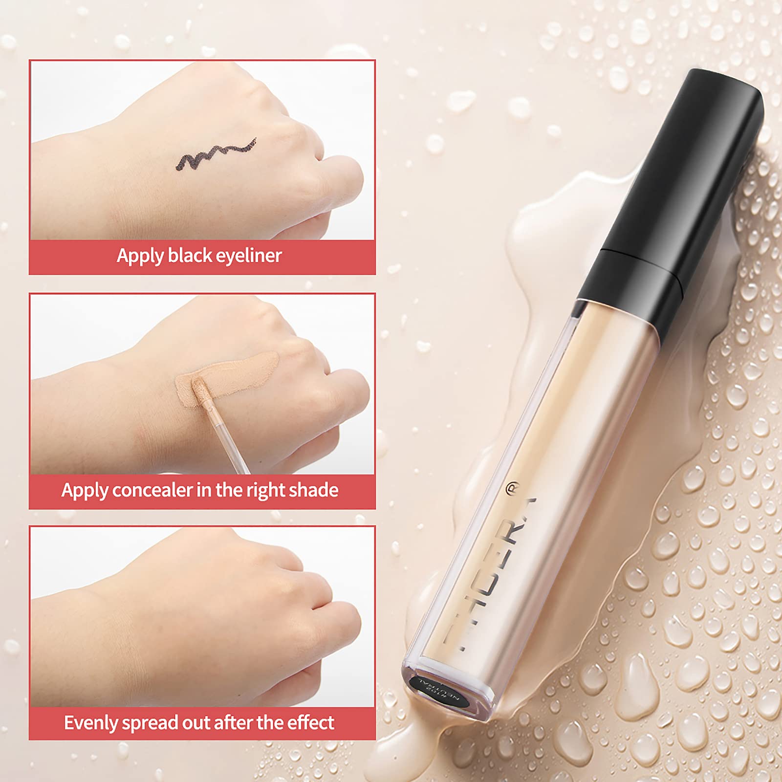 PHOERA Liquid Concealer,Full Coverage Concealer,Multi-Use Makeup Concealer for Acne,Dark Circles,Tattoo,Freckles,High Adherence Hydrating Face Concealer for Women Mens(101# LIGHT)