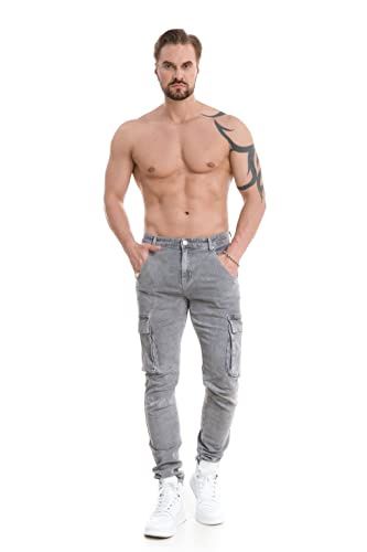 TEGIAS Mens Grey Slim Fit Stretch Jeans Classic Denim Work Pants with Pockets Casual Trousers 34
