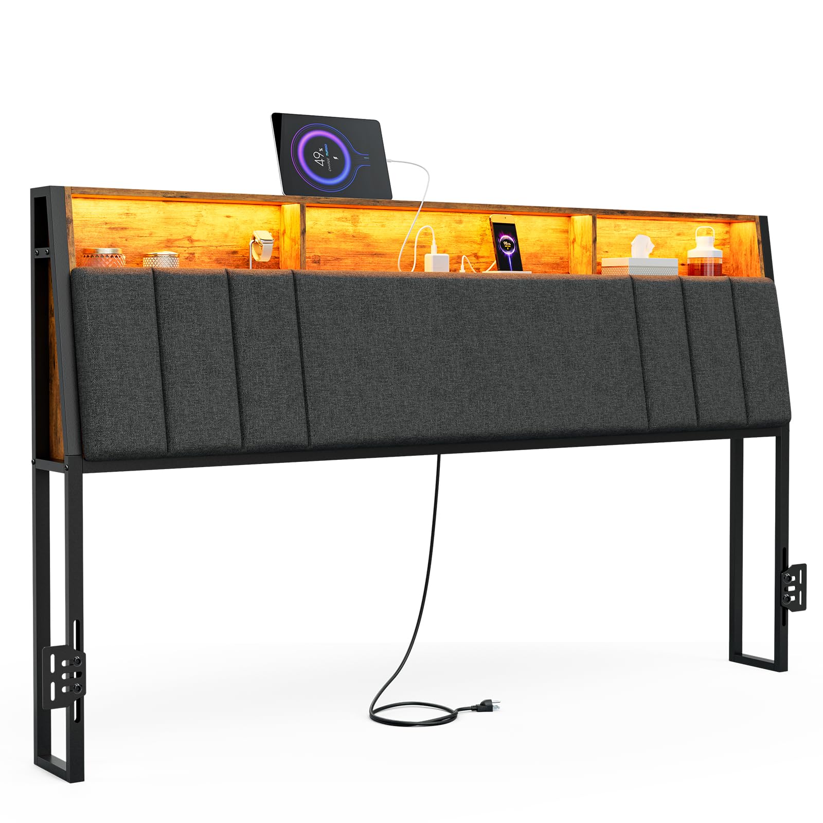 IKIFLY Hidden Storage Headboard California King Size with Charging Station, Ergonomic Upholstered Cal King Headboard Only with LED Lights, 2 Outlets & 2 USB Ports, Easy Assembly, Dark Grey