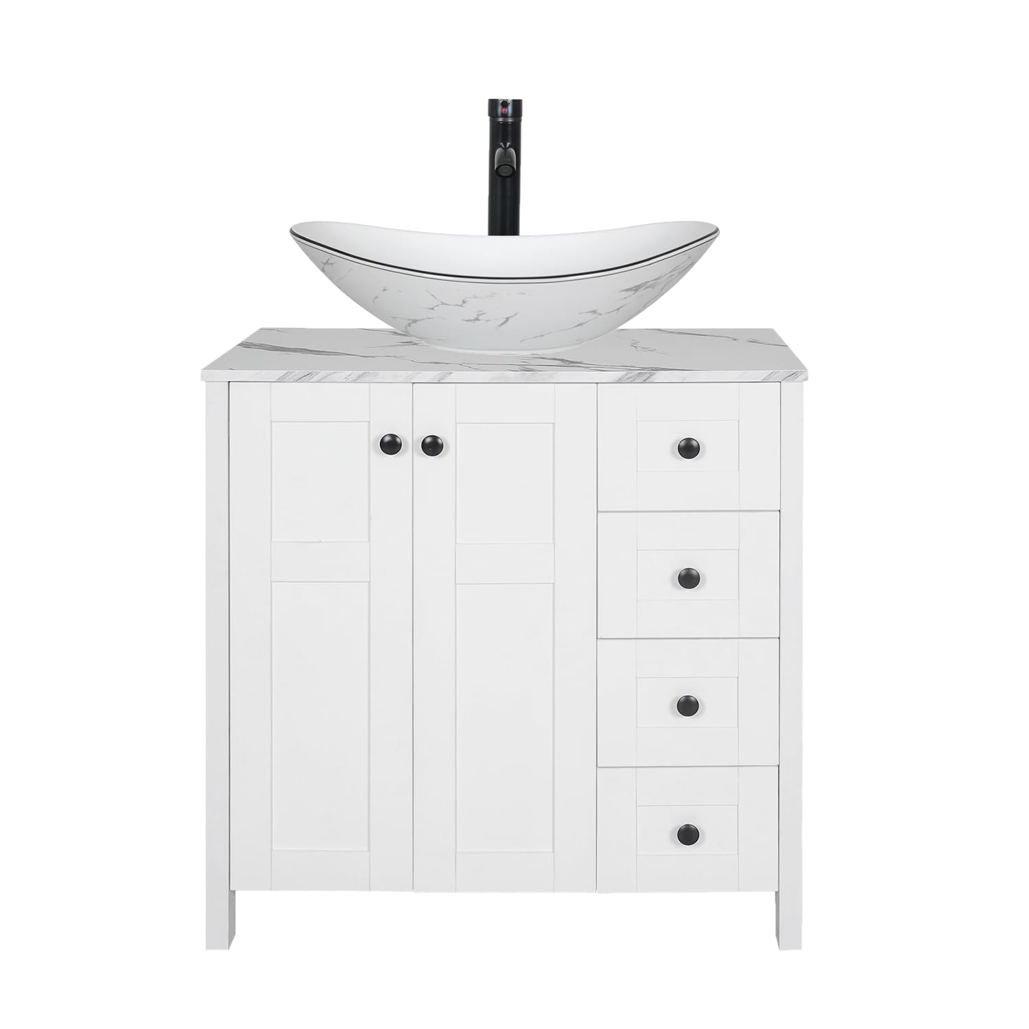 Puluomis 32 Inch Traditional Bathroom Vanity Set in White Finish, Bathroom Vanity with Marble Texture Top and 4 Drawers, Boat Marble Ceramic Sink Top with Single Faucet Hole