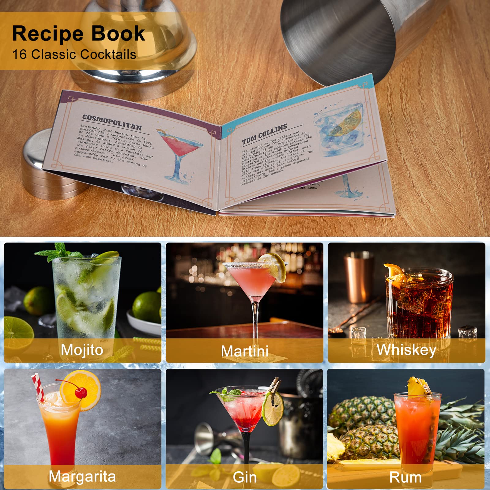 Vabaso Bartender Kit, Cocktail Shaker Set for Mixed Drink Home Bar, 25oz Professional 18/8 Stainless Steel Bar Tool Set with Cocktail Recipes Booklet, Father's Day Christmas White Elephant Gift Men