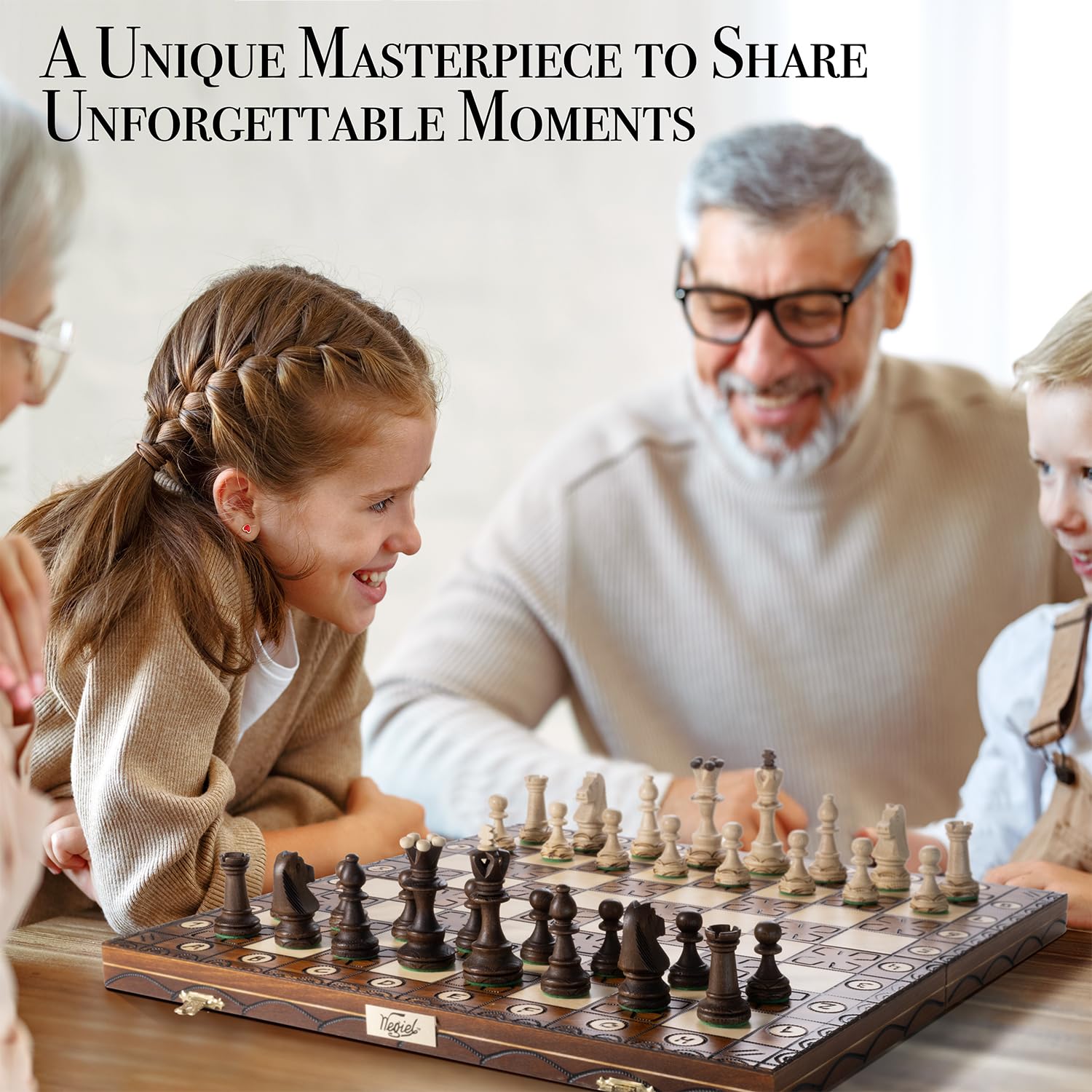 Wegiel Handmade Junior European International Chess Set - 16 Inch Luxury Wooden Chess Set for Adults and Kids, Premium Beech and Birch Wood - Unique Folding Design with Storage