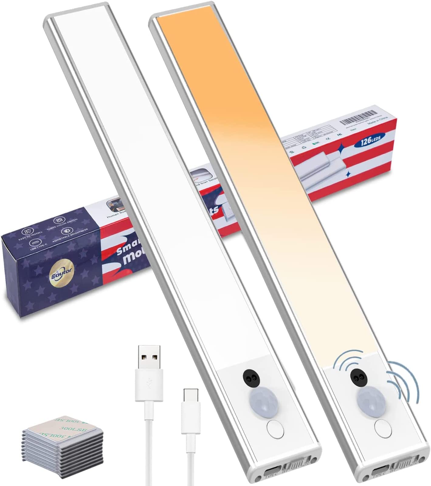 EAUTOR Under Cabinet Lights, Motion Sensor Light - 126 LED USB-C Rechargeable Wireless Closet Lights Battery Operated Magnetic Adhesive Stick On Light Strip for Kitchen (2 Pack)