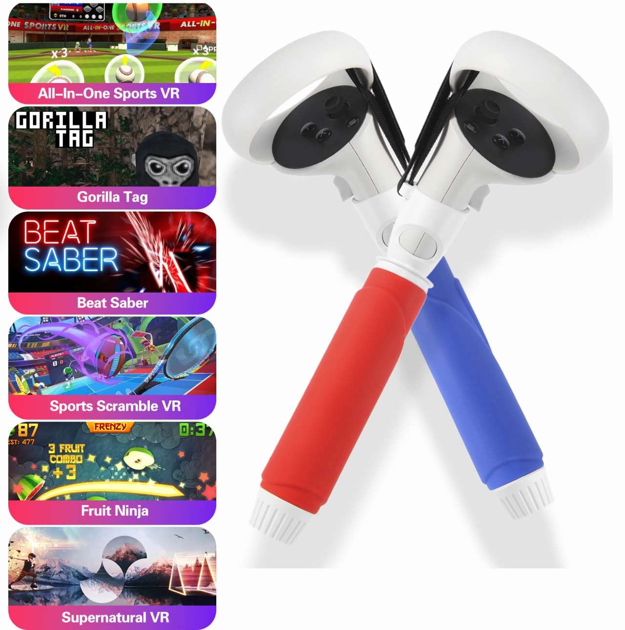 for Meta/Oculus Quest 2 Accessories,Upgraded VR Dual Handles and Long Stick Handle Extension Grips for Meta/Oculus Quest 2 Controller Playing VR Beat Saber Games, Sturdy,Comfortable to Grip… (A)