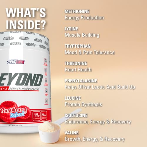 EHP Labs Beyond BCAA Powder Amino Acids Post Workout Recovery - BCAAs Essential Amino Acids EAA Supplements Powder - 10g Amino Acids Supplement for Muscle Recovery, 60 Servings (Raspberry Refresh)