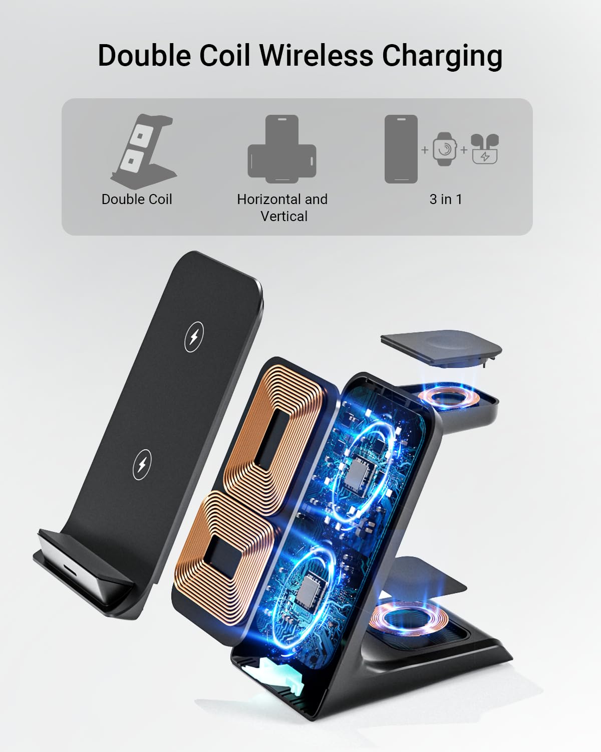 eazpower Wireless Charger for Thick Cases of 10MM/Otterbox/Popsocket Compatible, 3 in 1 Charging Dock for iPhone 15 14 13 12 11 Pro Max, Charging Station for Multiple Devices for Apple Watch/AirPods