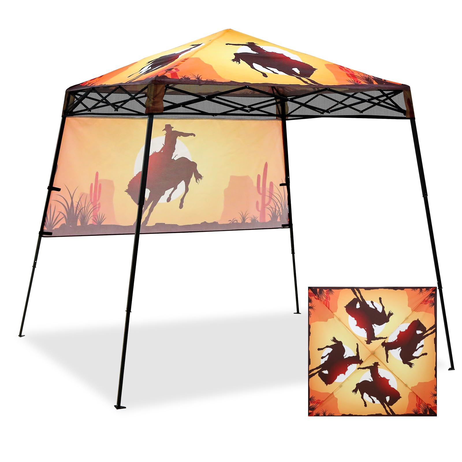 EAGLE PEAK 8x8 Pop Up Canopy Tent with Sidewall, Compact, Portable Slant Leg Instant Sun Shelter for Beach, Sports, & Camping, 8x8 Base 6x6 Top, Cowboy