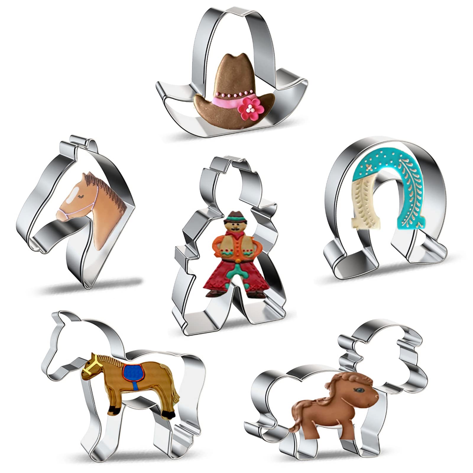 Horse Cowboy Cookie Cutters Shapes Baking Set, 6 Pieces Stainless Steel Metal Mold with Horse, Pony, Horse Head, Horseshoe, Cowboy, Cowboy Hat Cookie Cutter for Biscuit Pastry Fondant Gingerbread Cake
