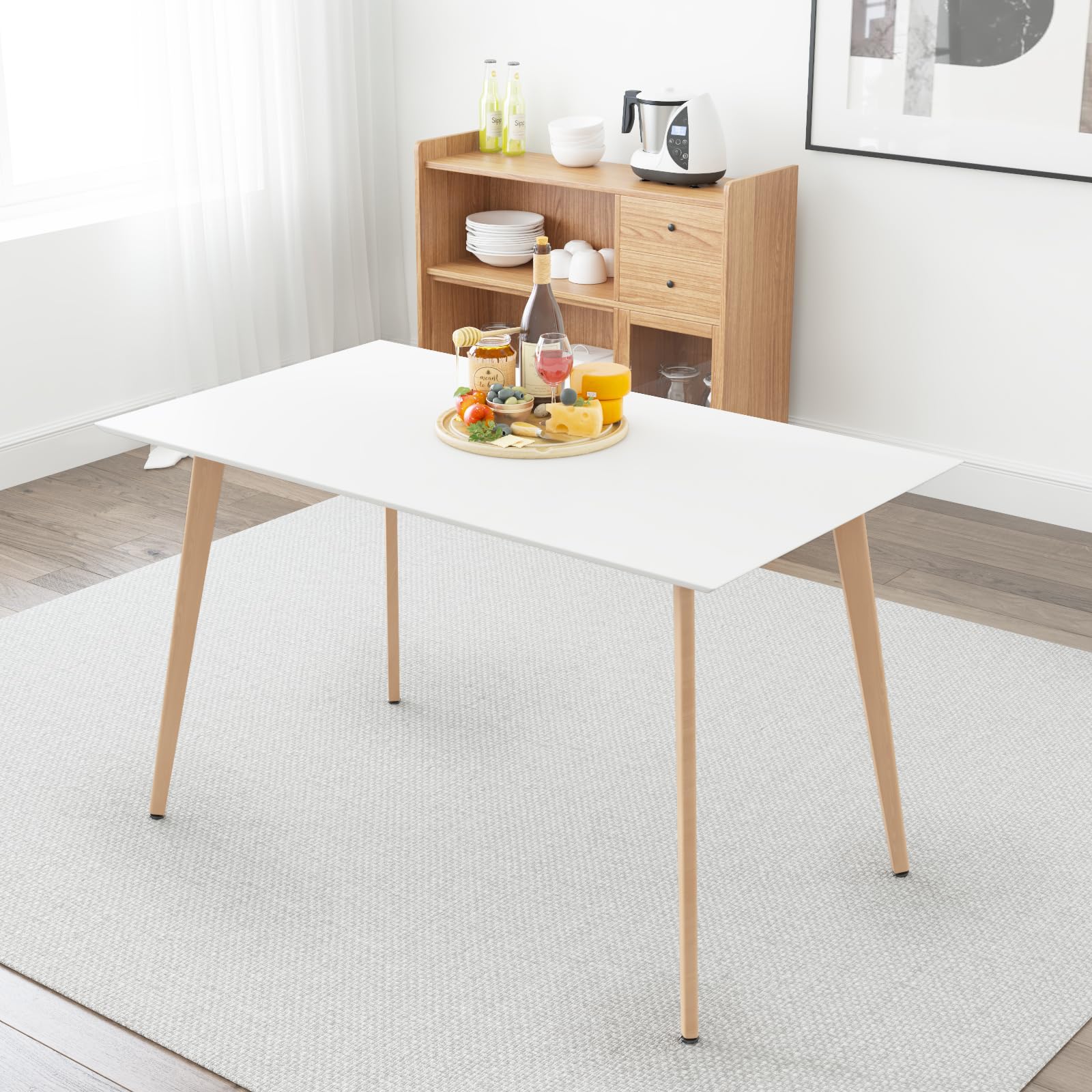 Dining Table, 43.3 Inch Modern Kitchen Table Rectangular Dinner Table for 4-6 People with White Tabletop & Solid Wood Legs for Home Office Kitchen Dining Room