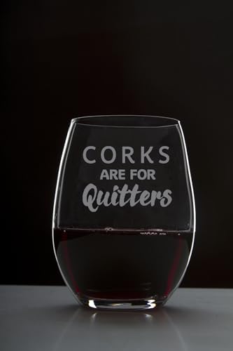 Lushy Wino - Corks Are For Quitters | 18oz. Etched Stemless Wine Glass: Dishwasher Safe Funny Wine Glasses For Women in Gift-Ready Box