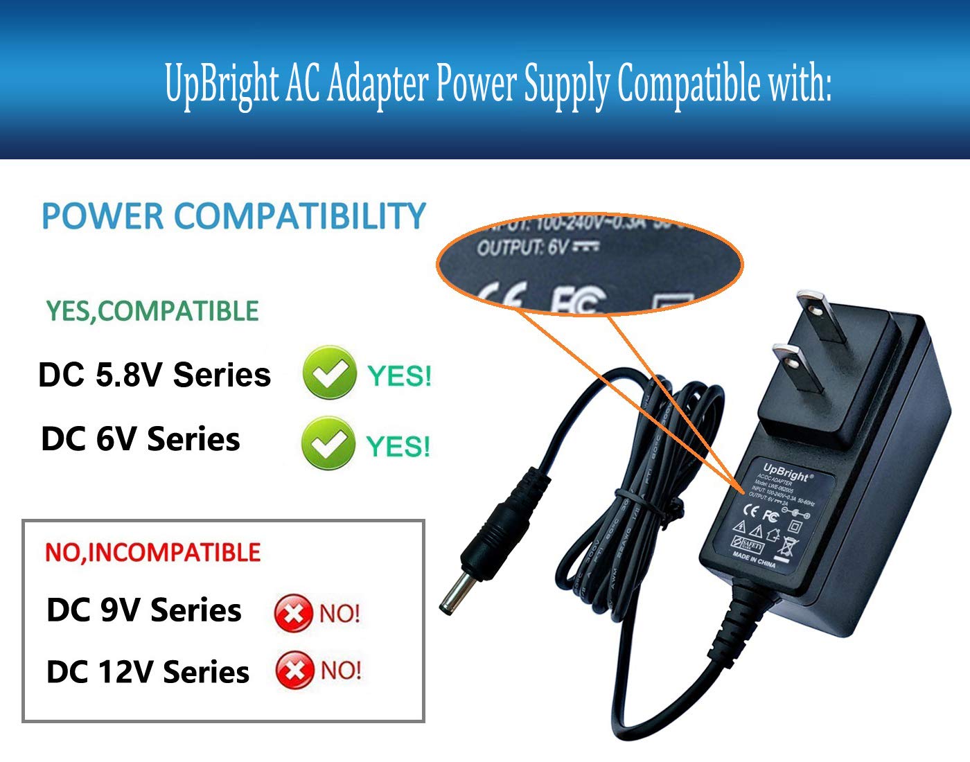 UpBright DC 5.8V 2A AC Adapter Compatible with Singing Machine SML-385 SML385 SML385W SML385BTW SML385BTBK SML385UBK IN-385W SML625BTBK CD +G CDG Player BT Karaoke GKYPS0200058US1 Power Supply Charger