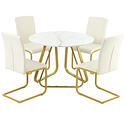 Dinehome 5-Piece Round Set with Faux Marble Table and Four Chairs with Metal Legs for Dining, Kitchen and Living Room, White+Gold